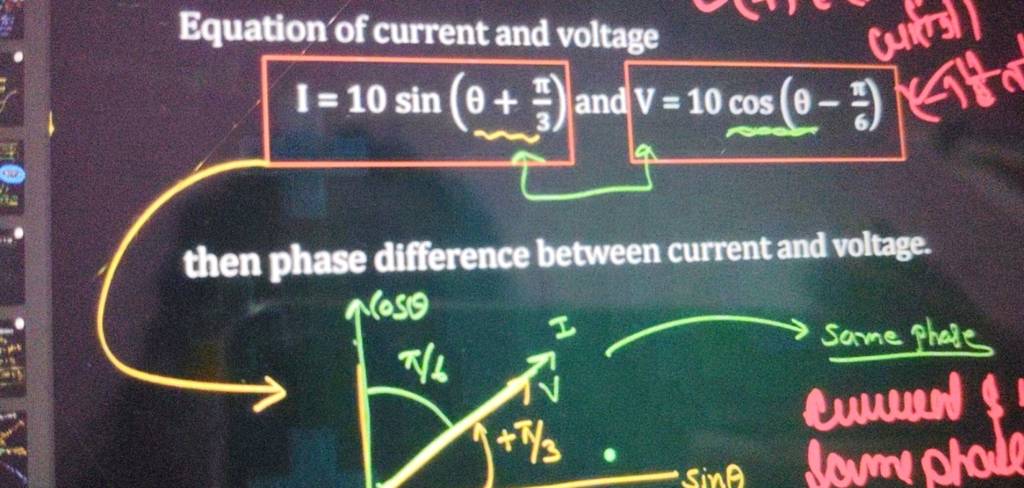 Equation of current and voltage I=10sin(θ+3π ) and V=10cos(θ−6π ) then ph..