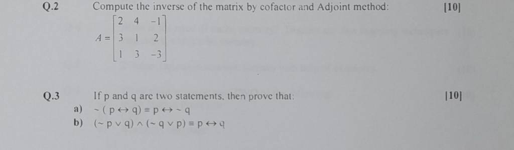 Q 2 Compute The Inverse Of The Matrix By Cofactor And Adjoint Method [1
