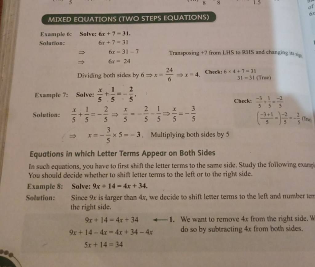 MIXED EQUATIONS (TWO STEPS EQUATIONS) Example 6:- Solve: 6x+7=31. Solutio..