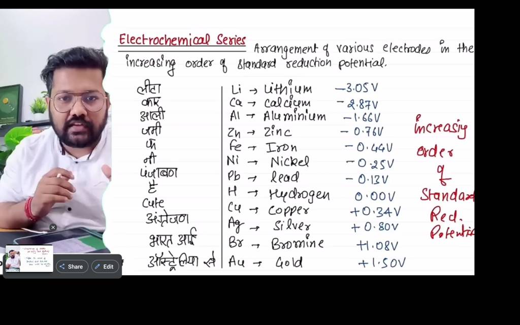 Electrochemical Series Arrangement of various electrodes in the increasin..
