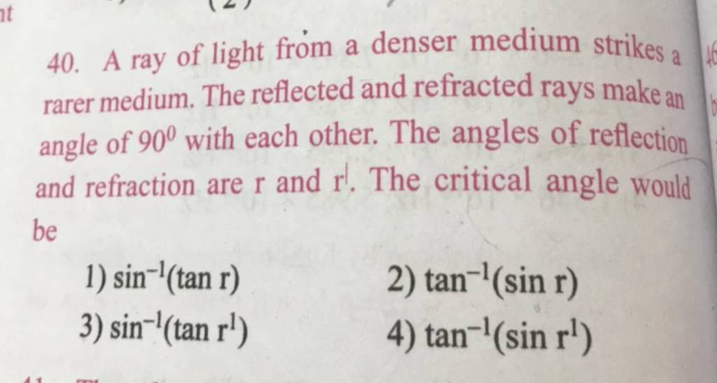 A Ray Of Light From A Denser Medium Strikes A Rarer Medium The Reflected