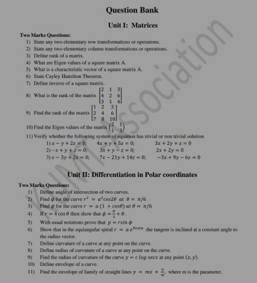 Question Bank Unit I Matrices Two Marks Questions Filo