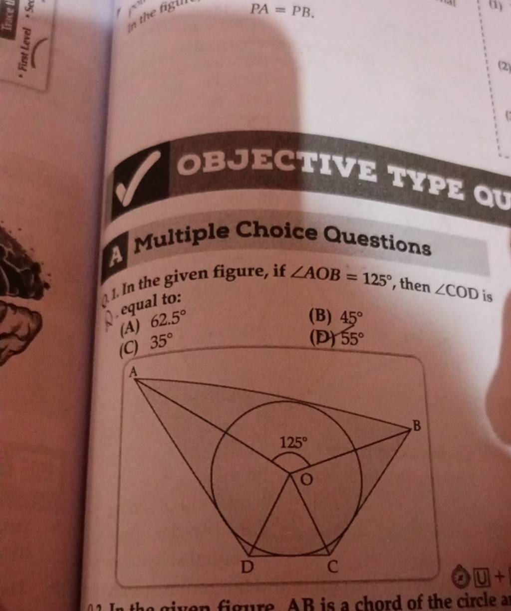 A Multiple Choice Questions 2. 1. In the given figure, if ∠AOB=125∘, then..
