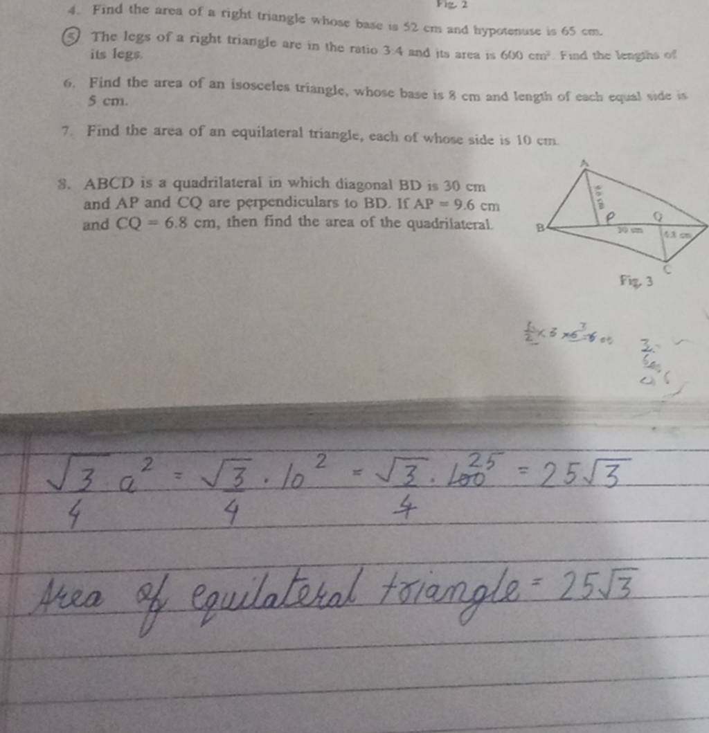 4. Find the area of a right triangle whose base is 52 cm and hypotenuse i..