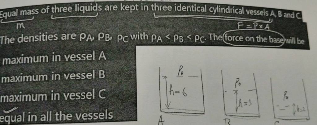 Equal mass of three liquids are kept in three identical cylindrical vesse..