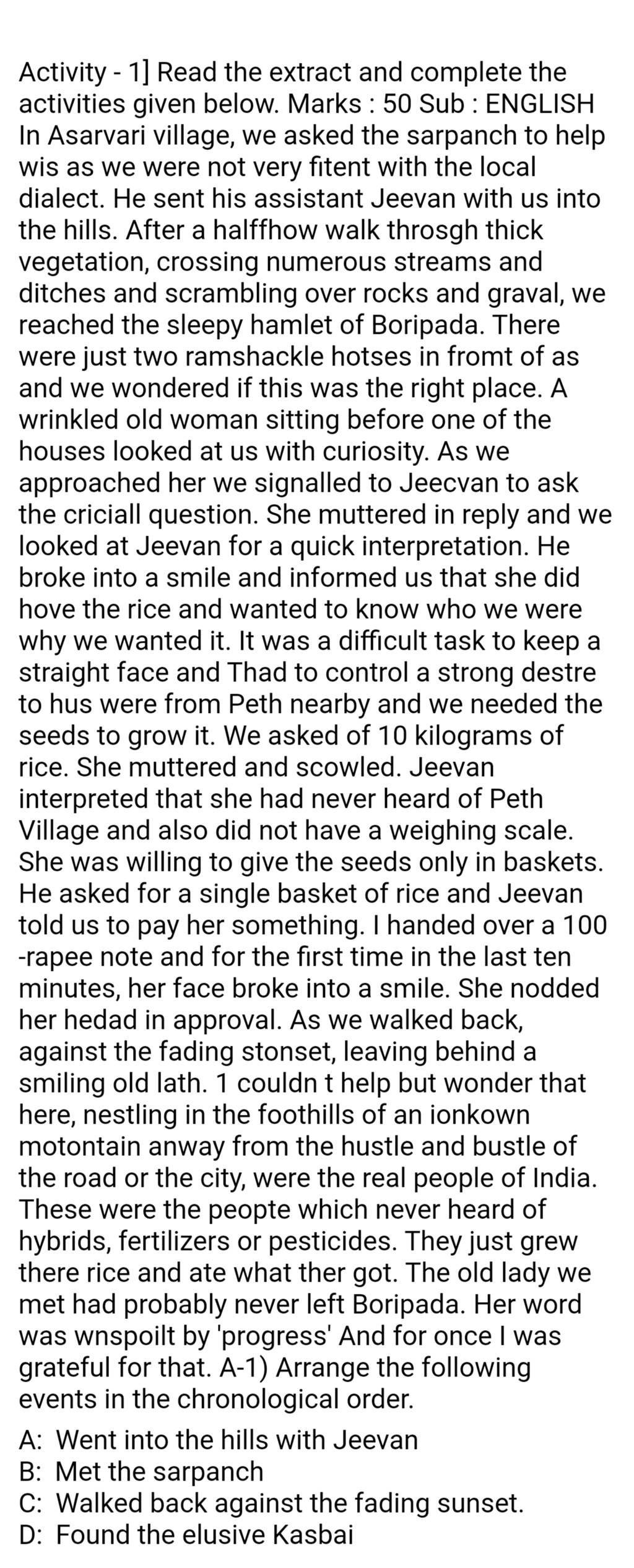 Activity - 1] Read the extract and complete the activities given below. M..