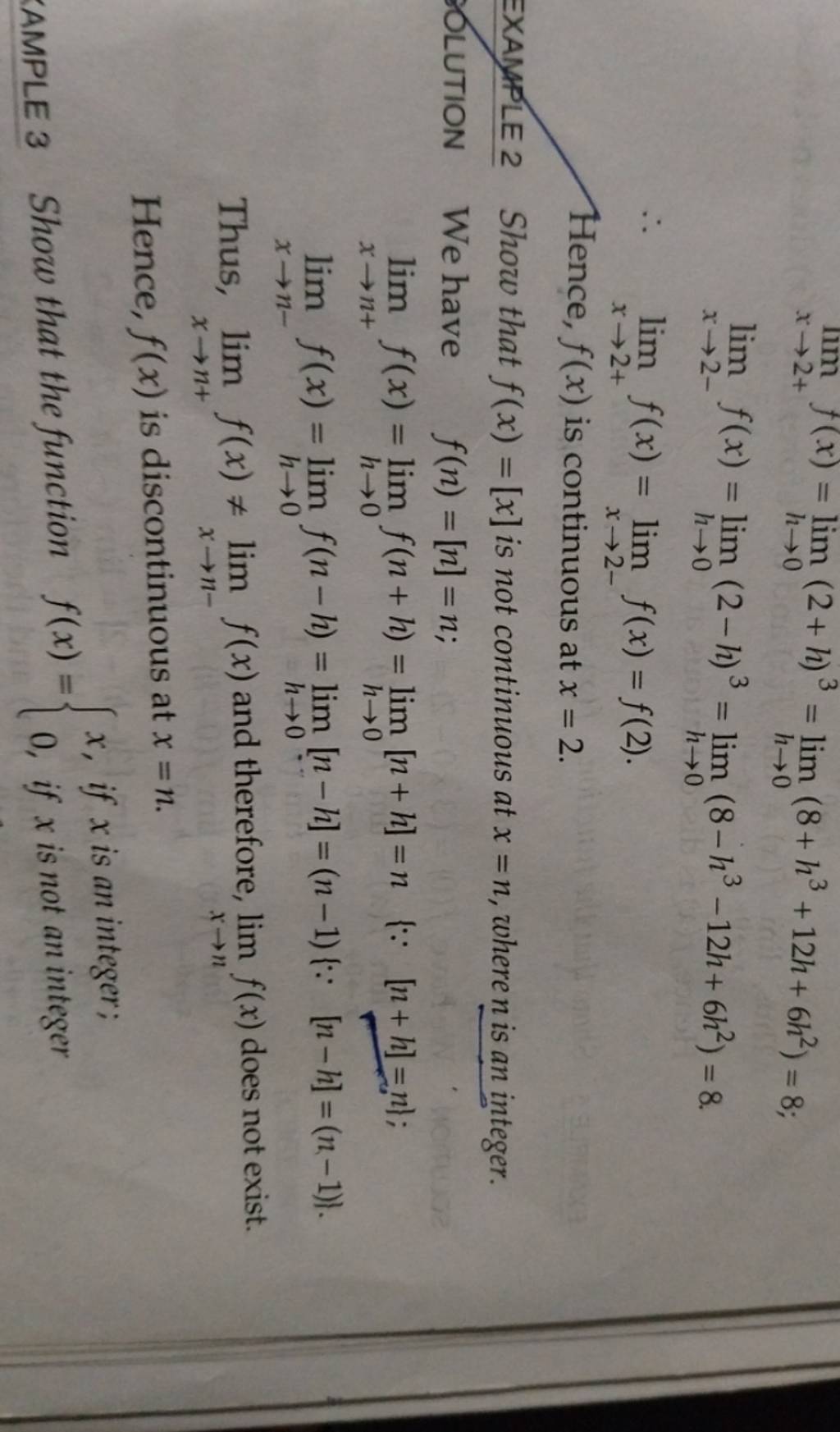 x→2+lim f(x)∴x→2+lim f(x) =h→0lim (2+h)3=h→0lim (8+h3+12h+6h2)=8;x→2−lim
