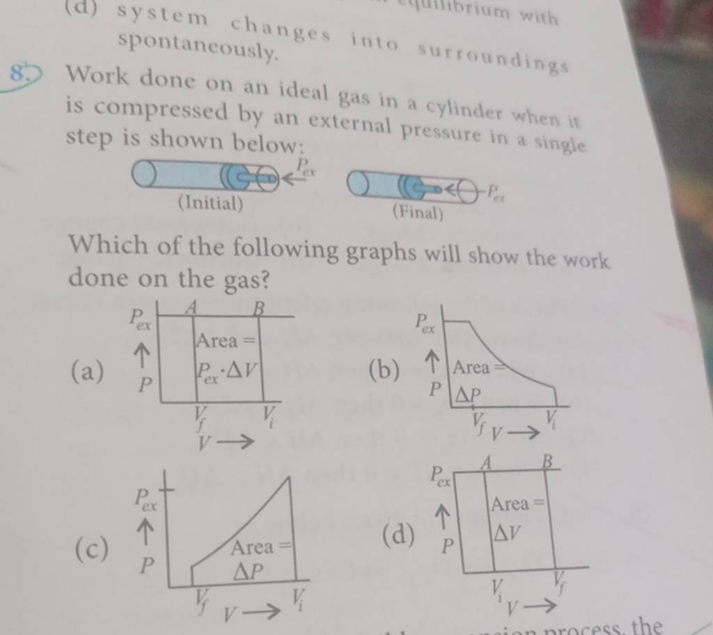Work done on an ideal gas in a cylinder when it is compressed by an exte..