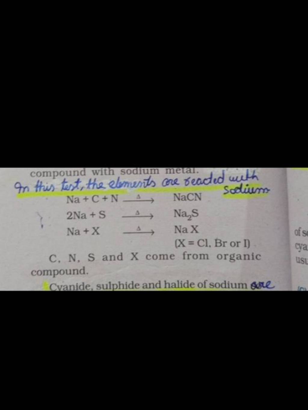 compound with sodium metal. In this test, the elements core reacted with