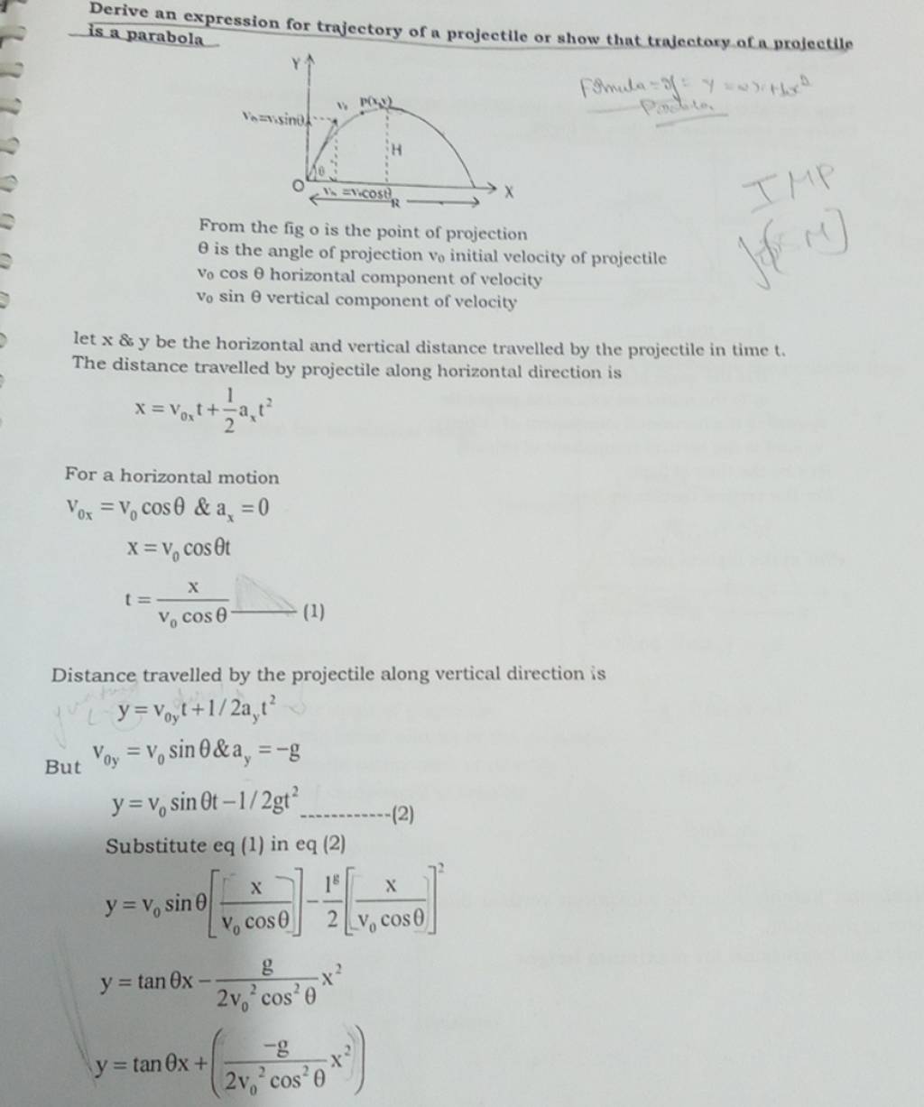 Derive An Expression For Trajectory Of A Projectile Or Show That Trajecto