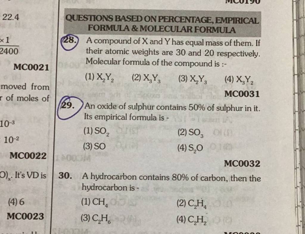 MC0023 QUESTIONS BASED ON PERCENTAGE, EMPIRICAL FORMULA \& MOLECULAR FORM..