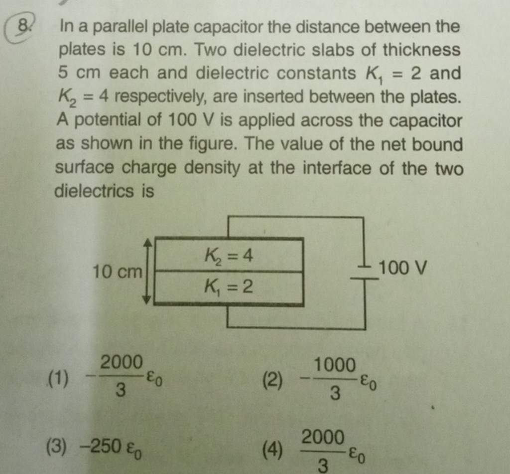 In a parallel plate capacitor the distance between the plates is 10 cm. T..