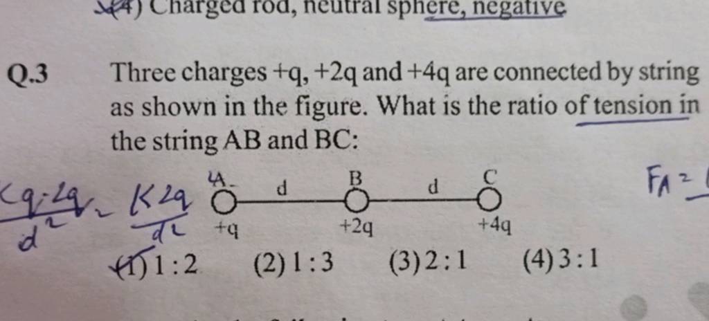 3 Three charges +q,+2q and +4q are connected by string as shown in the fi..