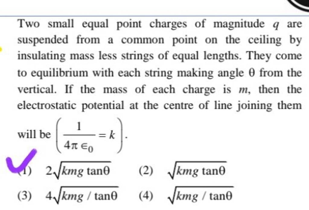 Two small equal point charges of magnitude q are suspended from a common