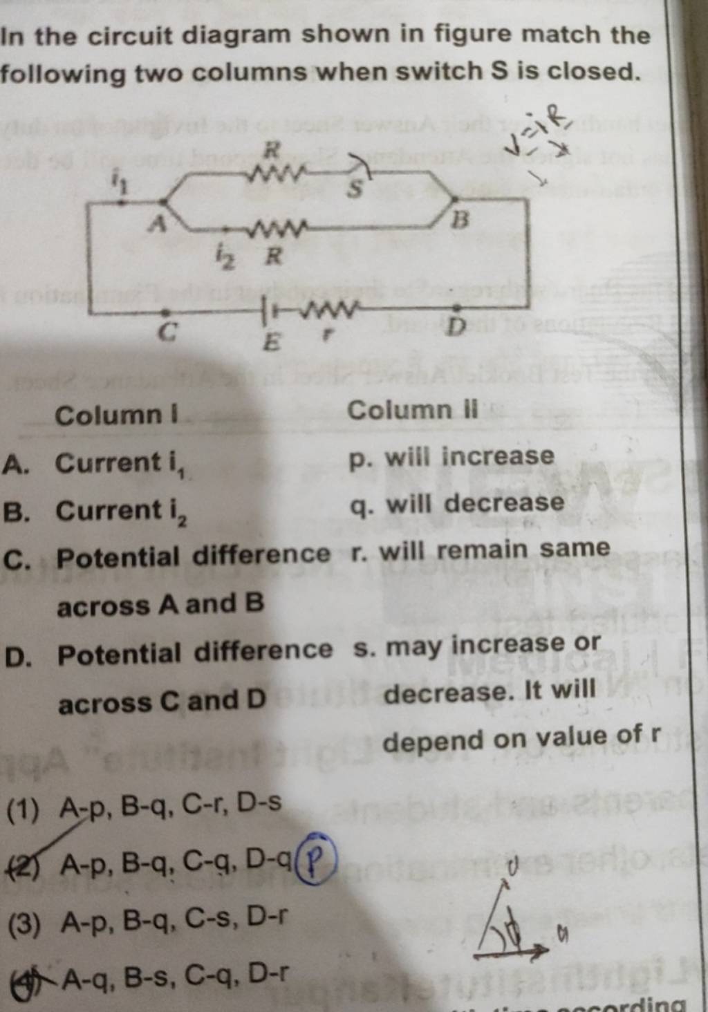 In the circuit diagram shown in figure match the following two columns wh..