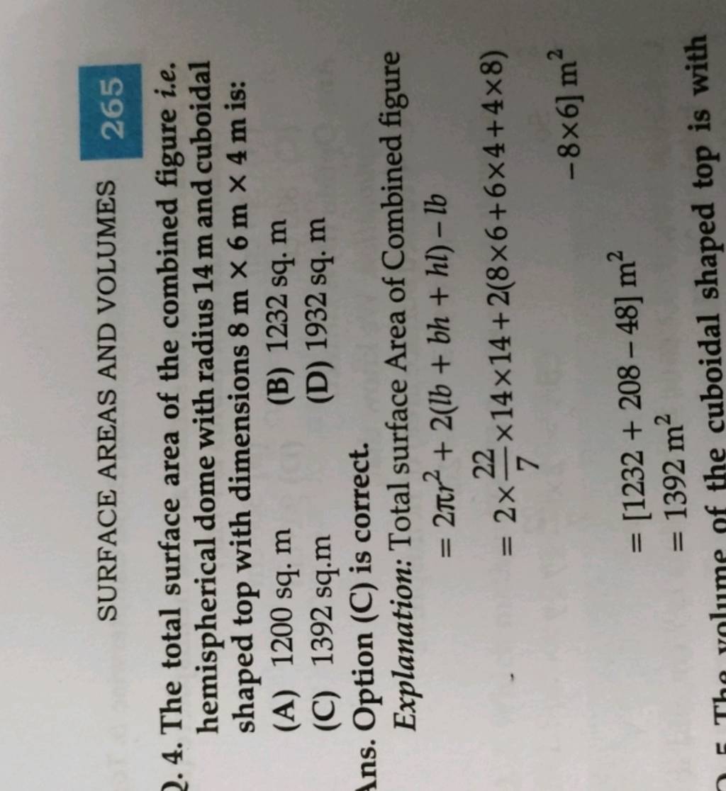 SURFACE AREAS AND VOLUMES 265 2. The total surface area of the combined f..