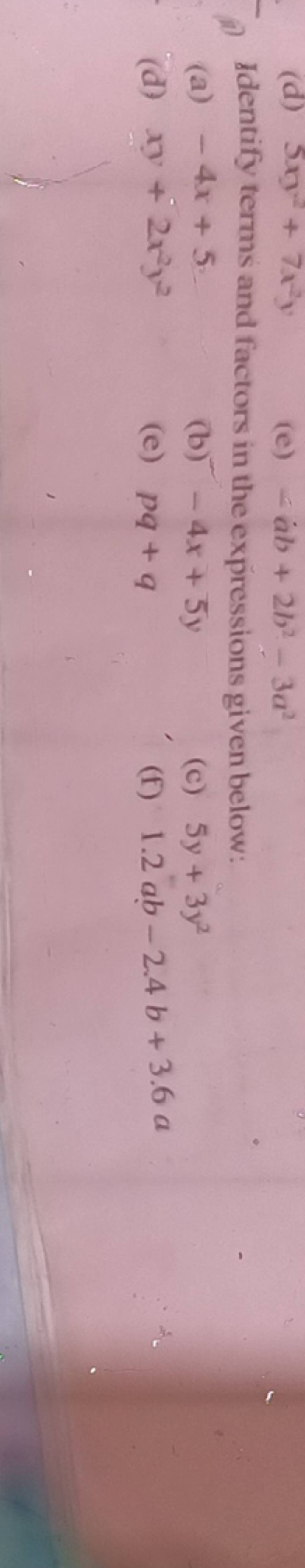 Identify terms and factors in the expressions given below: | Filo