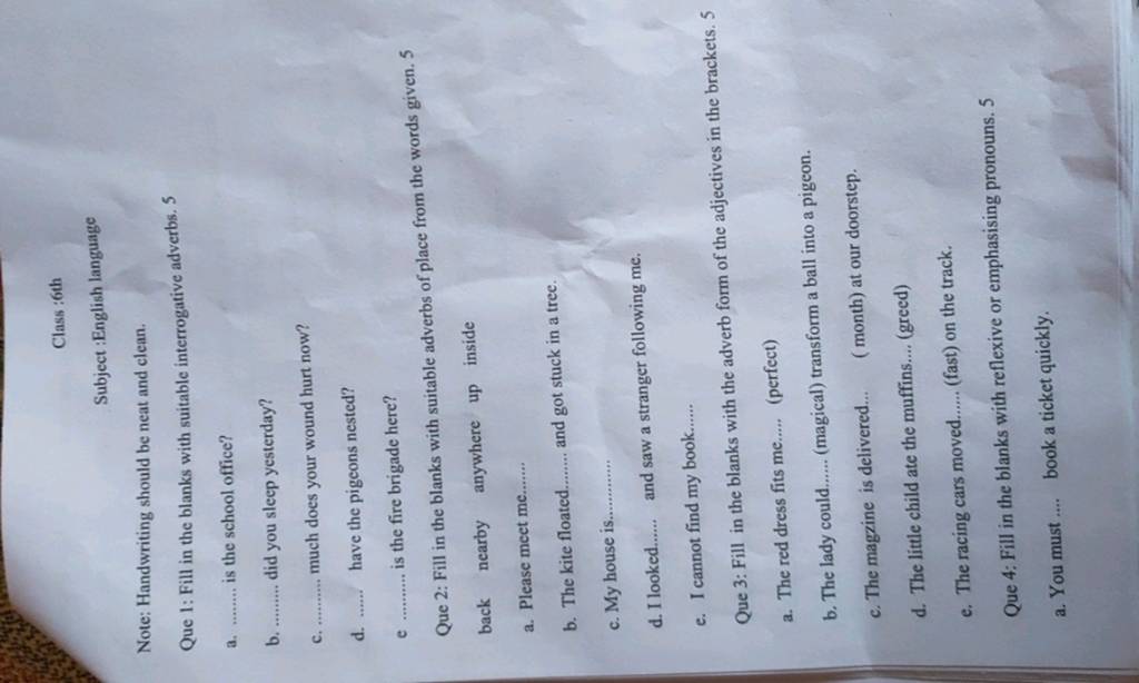 Class : 6th Subject:English language Note: Handwriting should be neat and..