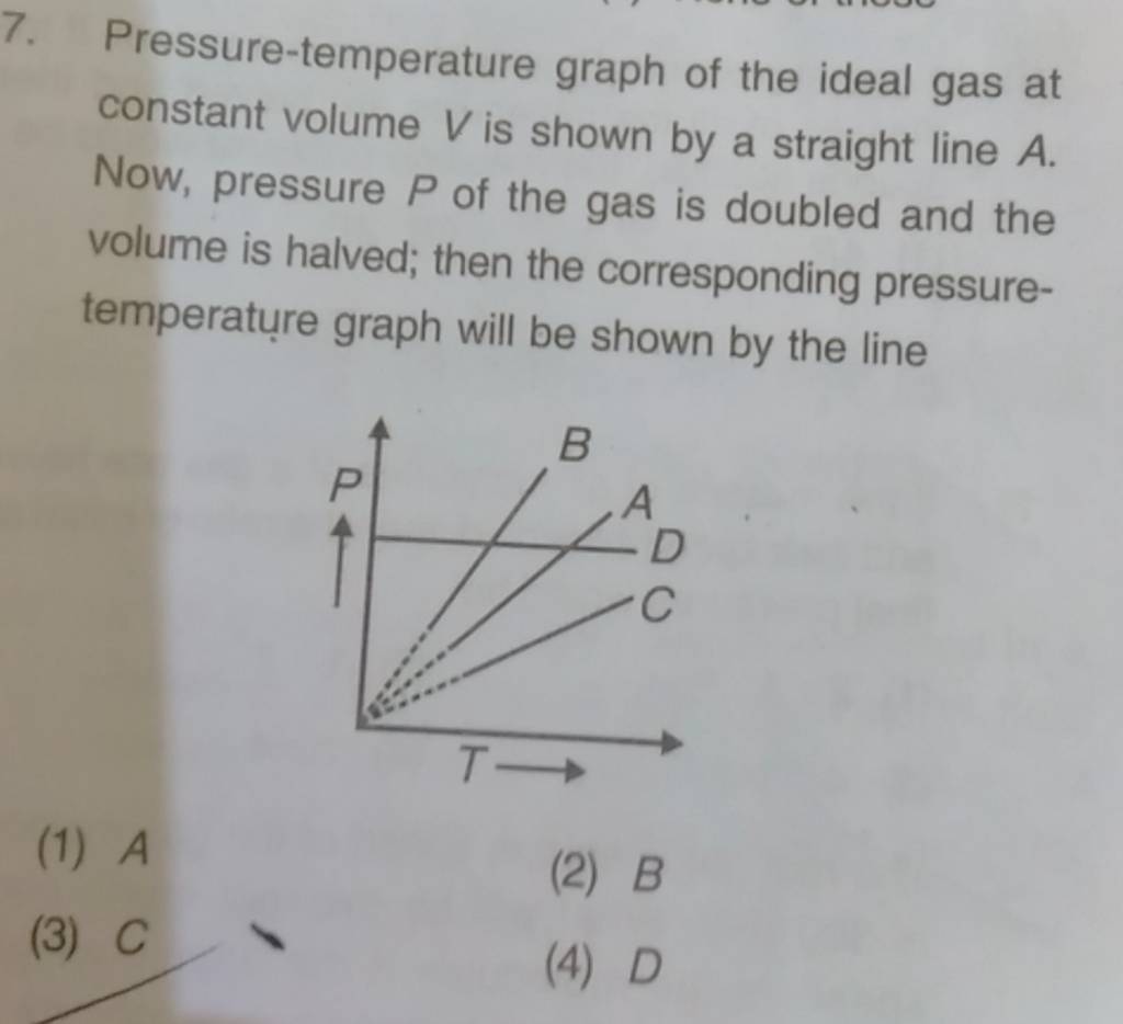 Pressure-temperature graph of the ideal gas at constant volume V is shown..