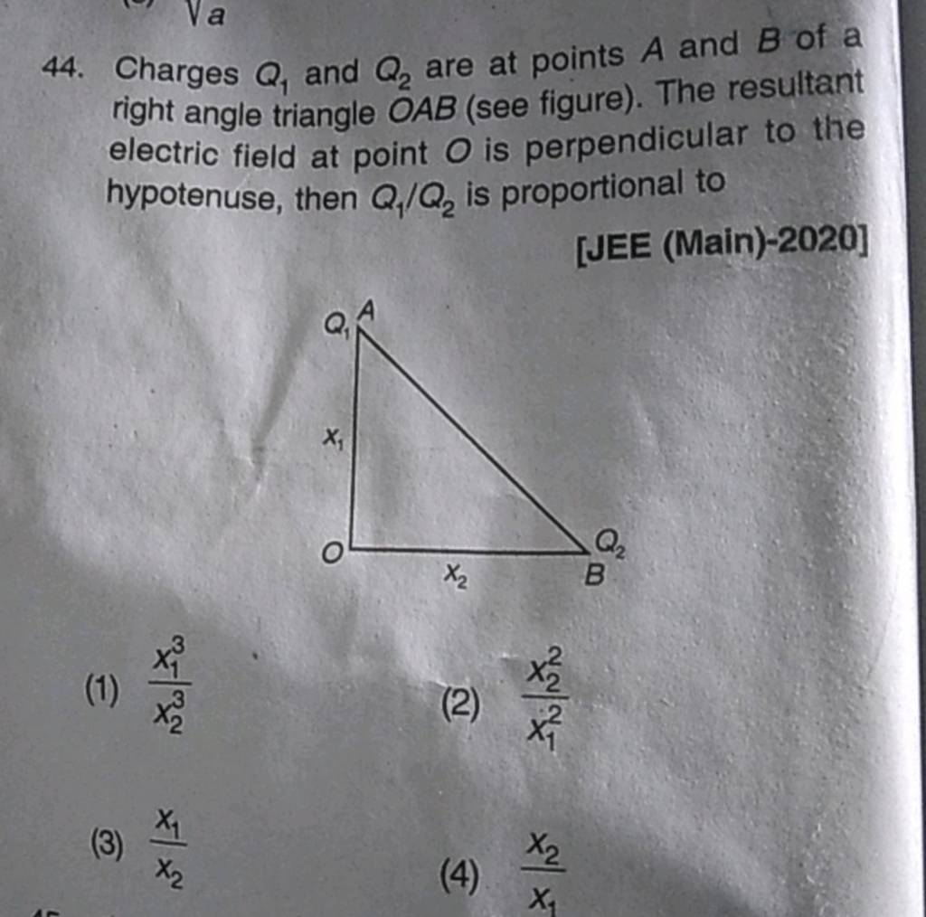 Charges Q1 and Q2 are at points A and B of a right angle triangle OAB