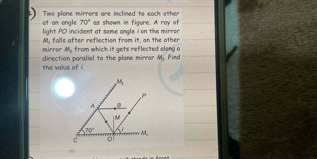 Two plane mirrors are inclined to each other at an angle 70∘ as shown in
