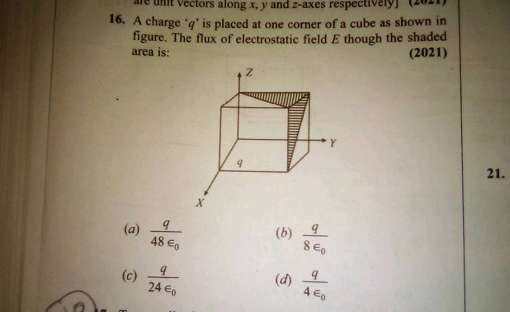 A charge ' q ' is placed at one corner of a cube as shown in figure. The
