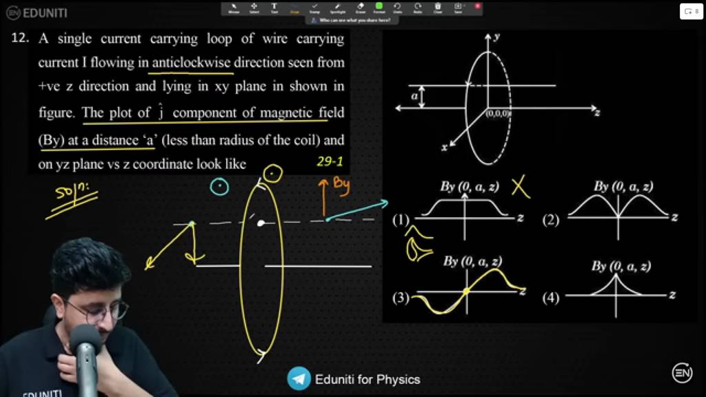 12. A single current carrying loop of wire carrying current I flowing in