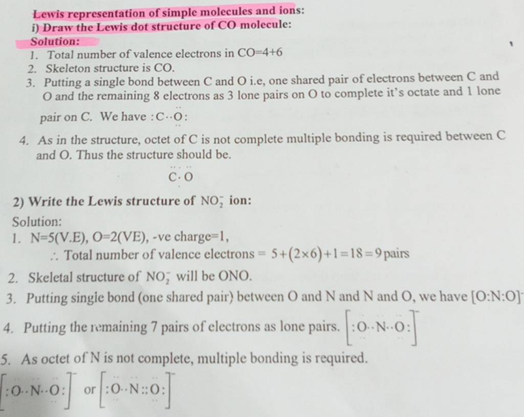 Lewis representation of simple molecules and ions: i) Draw the Lewis dot