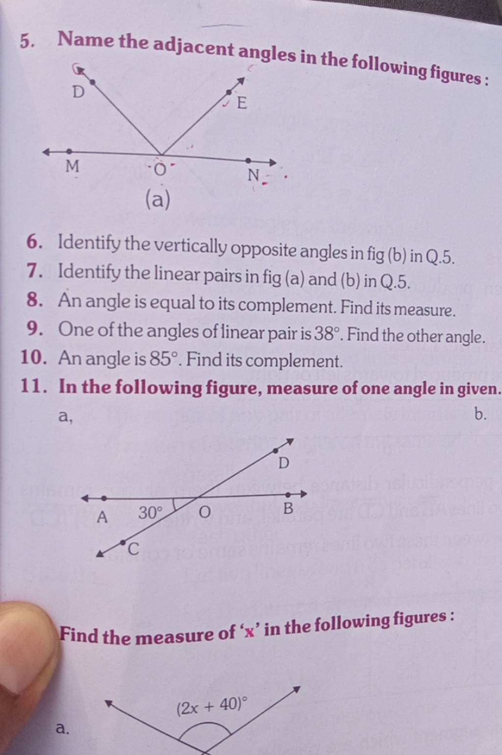 5. Name the adjacent angles in the following figures : (a) 6. Identify th..