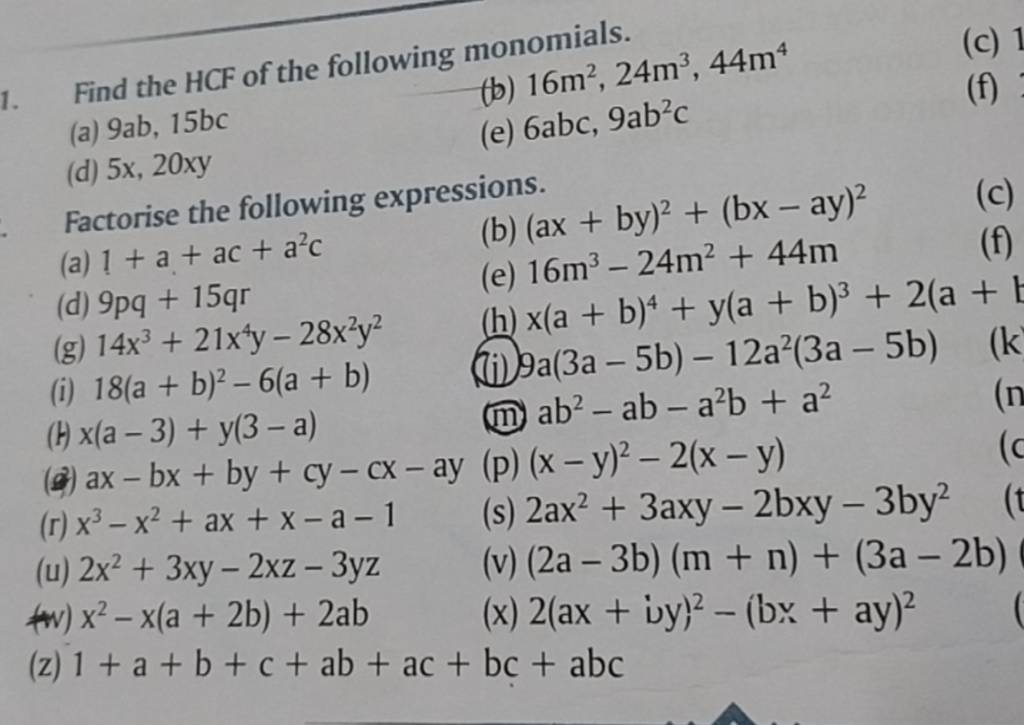 1. Find the HCF of the following monomials. (a) 9ab,15bc (b) 16 m2,24 m3,..