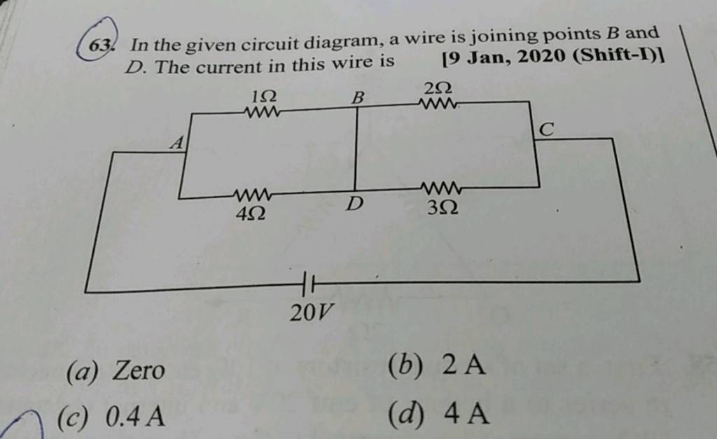 In the given circuit diagram, a wire is joining points B and D. The curre..