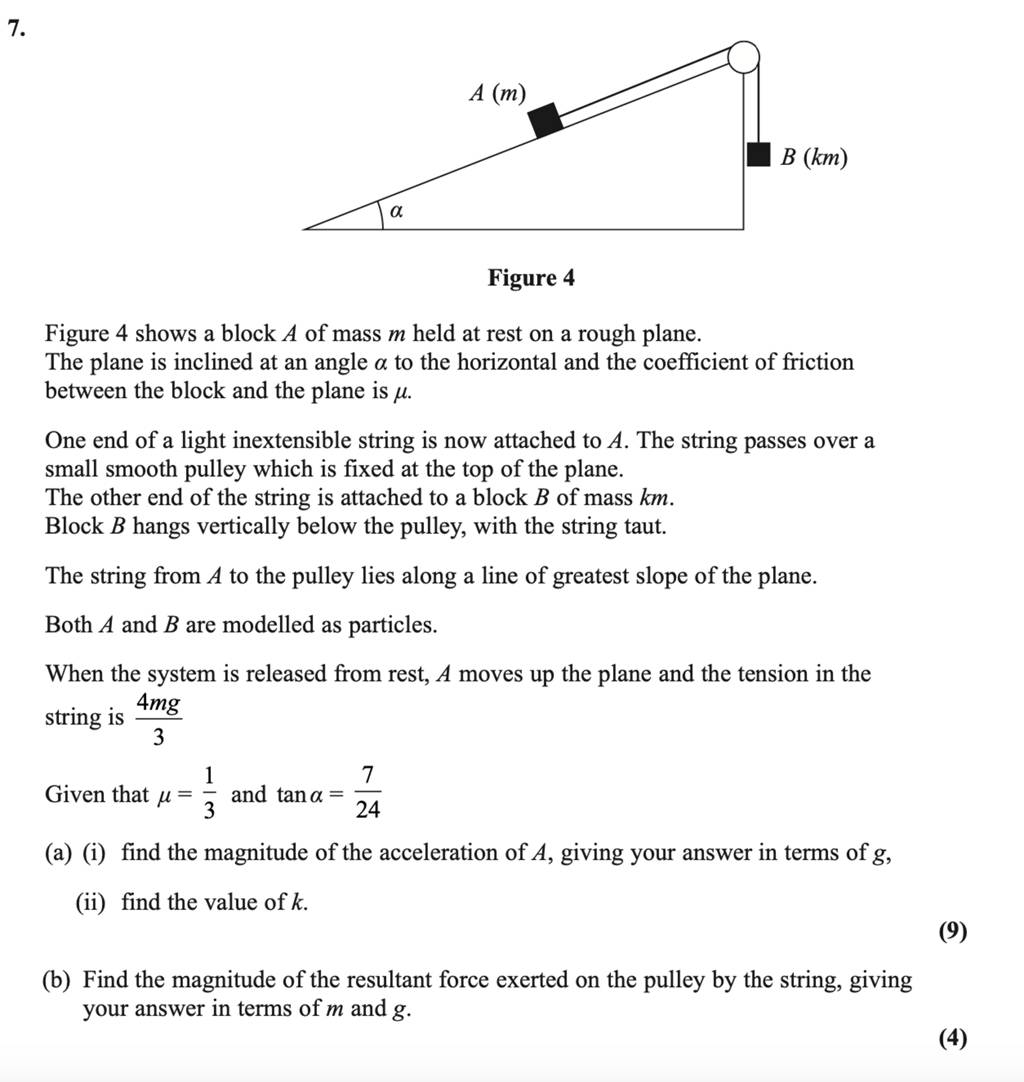 7. Figure 4 Figure 4 shows a block A of mass m held at rest on a rough pl..