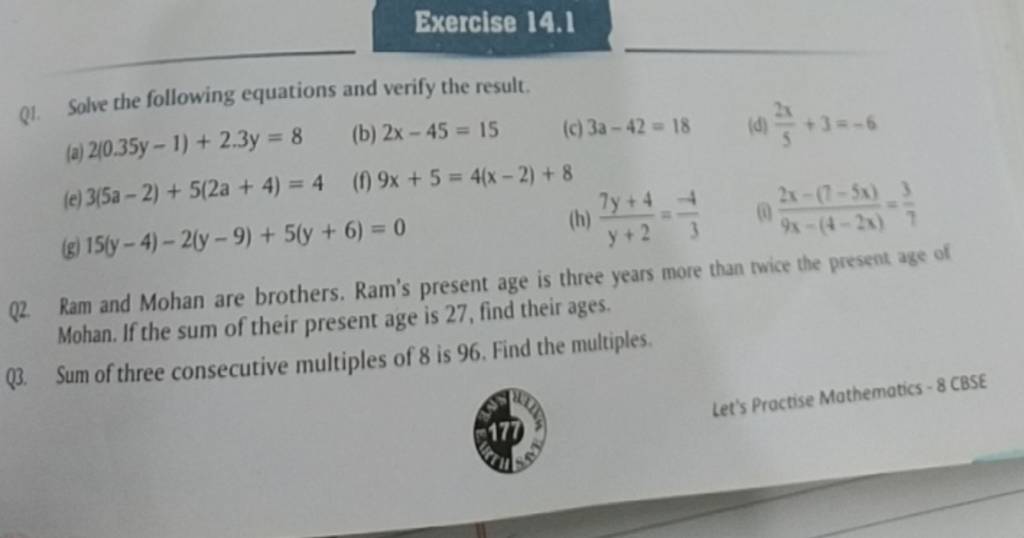 Exercise 14.1 Q1. Solve the following equations and verify the result...