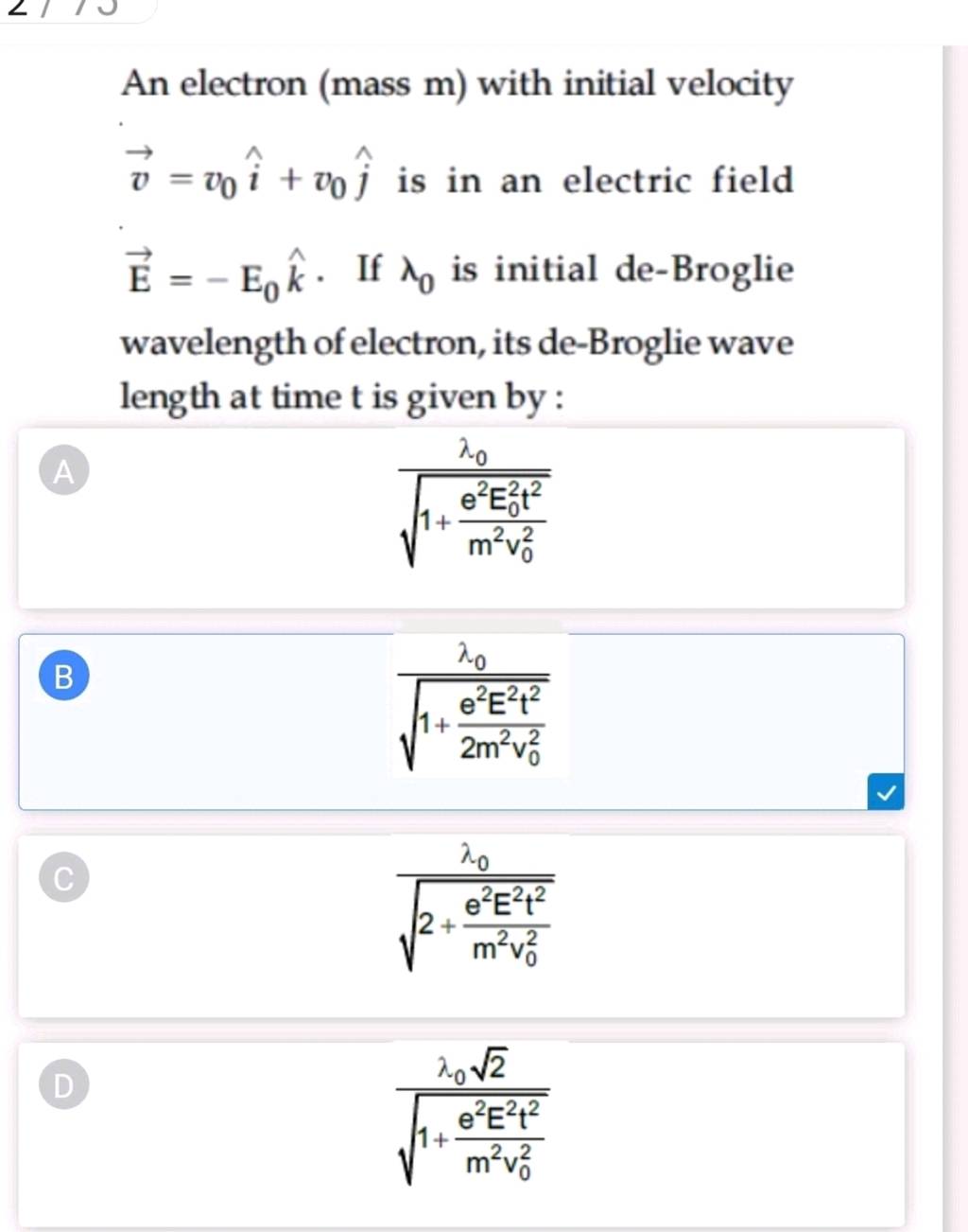 An electron (mass m) with initial velocity v=v0 i^+v0 j^ is in an electr..