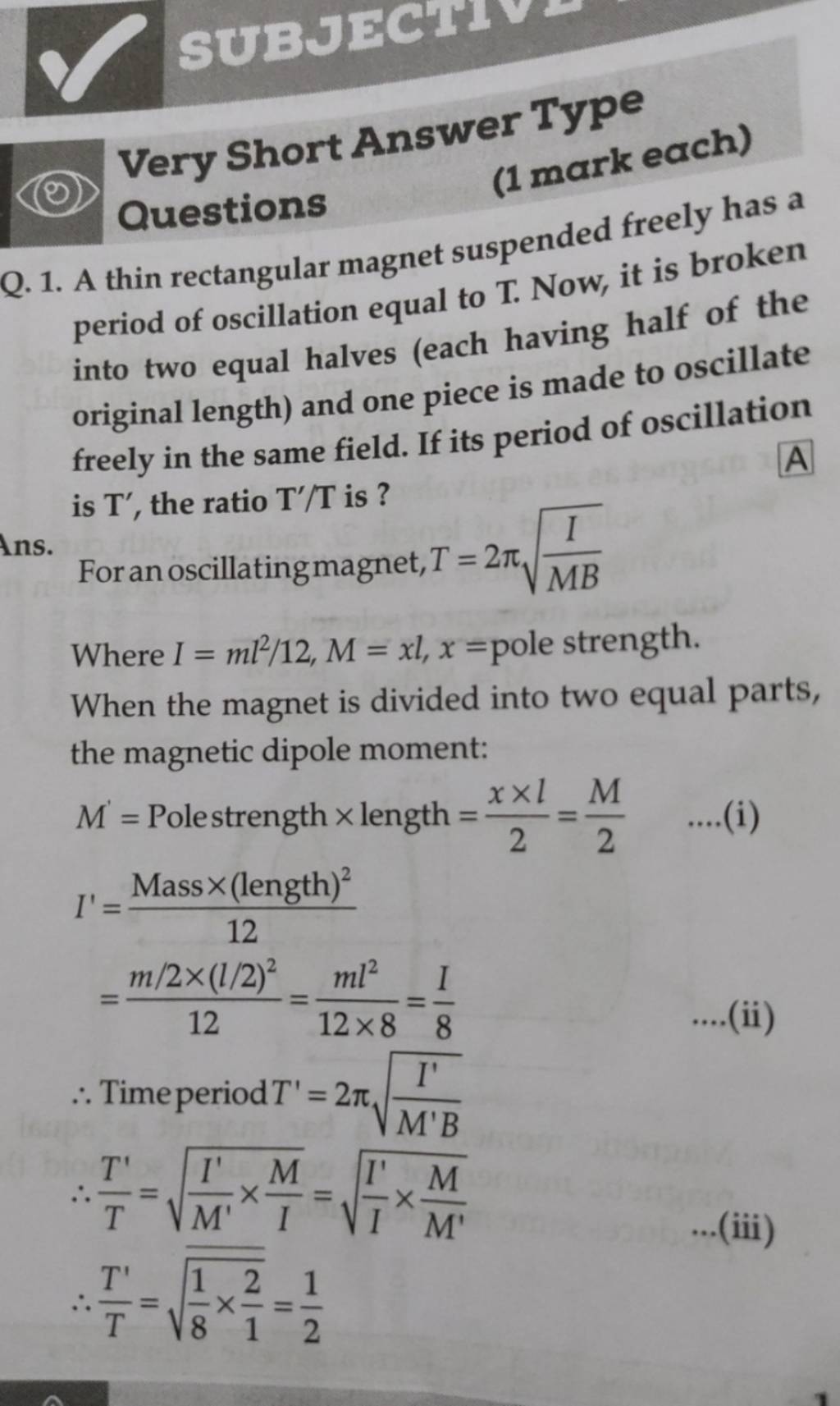 Very Short Answer Type Questions 1 Mark Each Q 1 A Thin Rectangular M